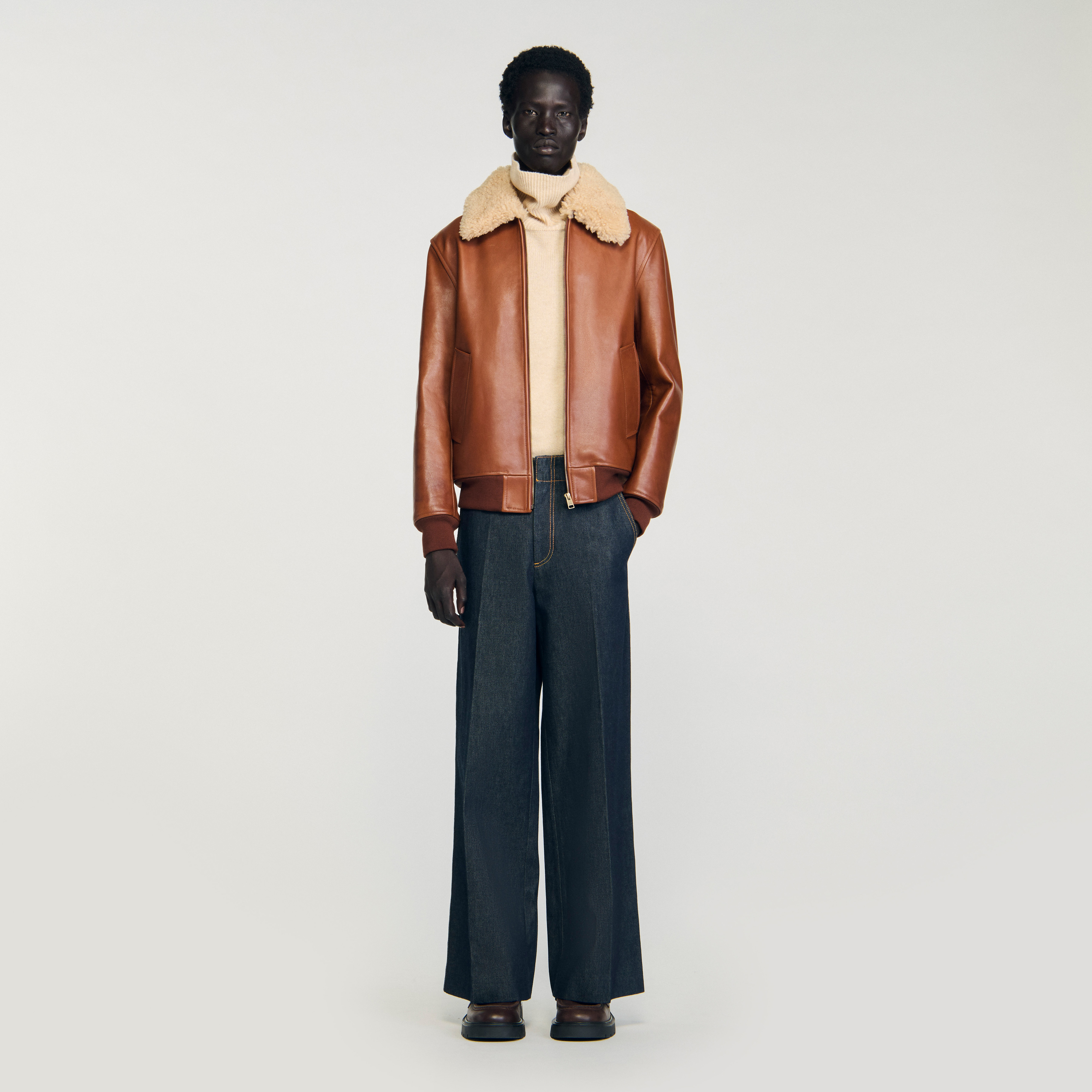 Leather jacket with shearling collar brown for Men | Sandro Paris