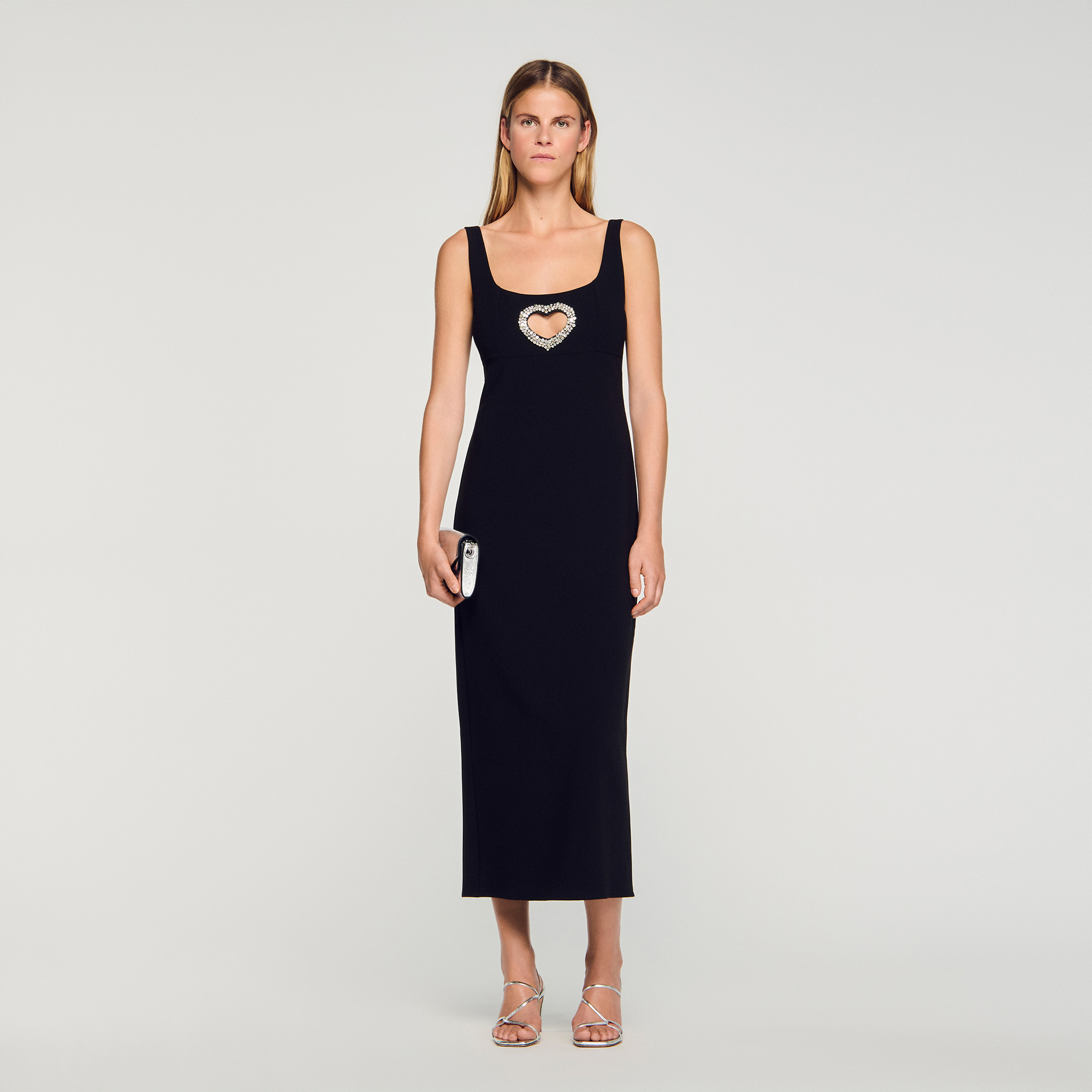 Rhinestone heart maxi dress black / gray For Women | Sandro Paris
